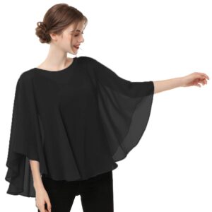 Casual Chiffon Cape Soft Shawl Sheer Shrugs Poncho Capelets shawls and Wraps for Women (Black)