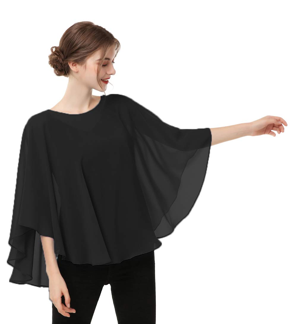 Casual Chiffon Cape Soft Shawl Sheer Shrugs Poncho Capelets shawls and Wraps for Women (Black)