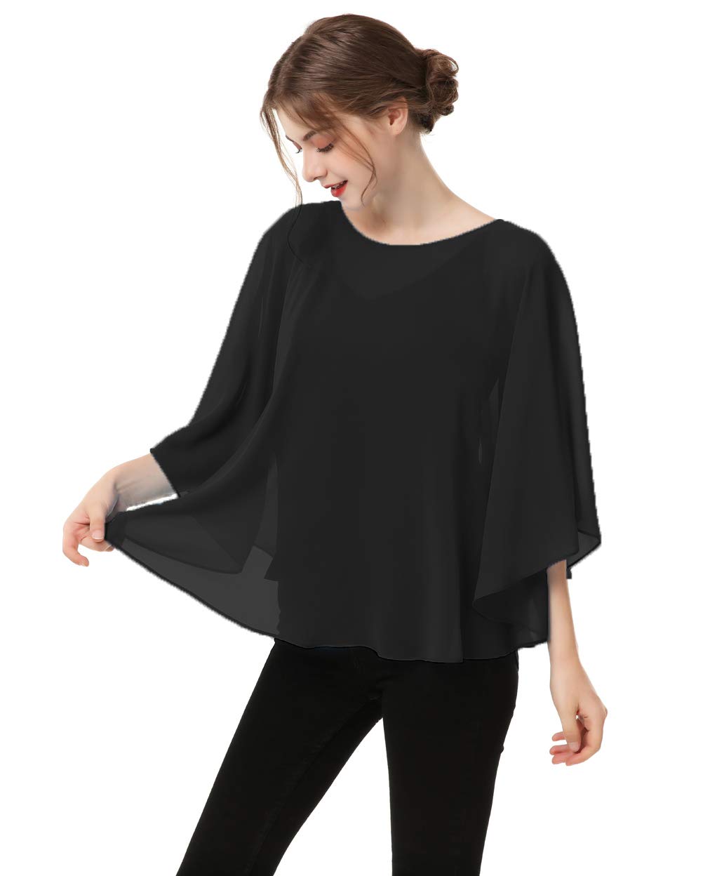 Casual Chiffon Cape Soft Shawl Sheer Shrugs Poncho Capelets shawls and Wraps for Women (Black)