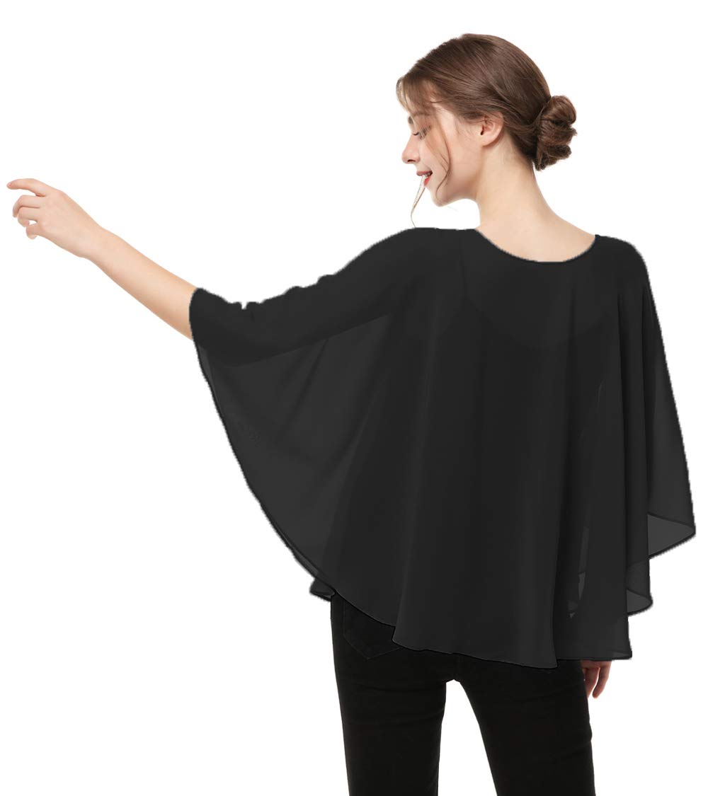 Casual Chiffon Cape Soft Shawl Sheer Shrugs Poncho Capelets shawls and Wraps for Women (Black)