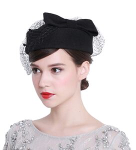 oridoor women's british style pillbox church derby wedding winter vintage fascinator beret 100% wool felt veil hat, 01a black, one size