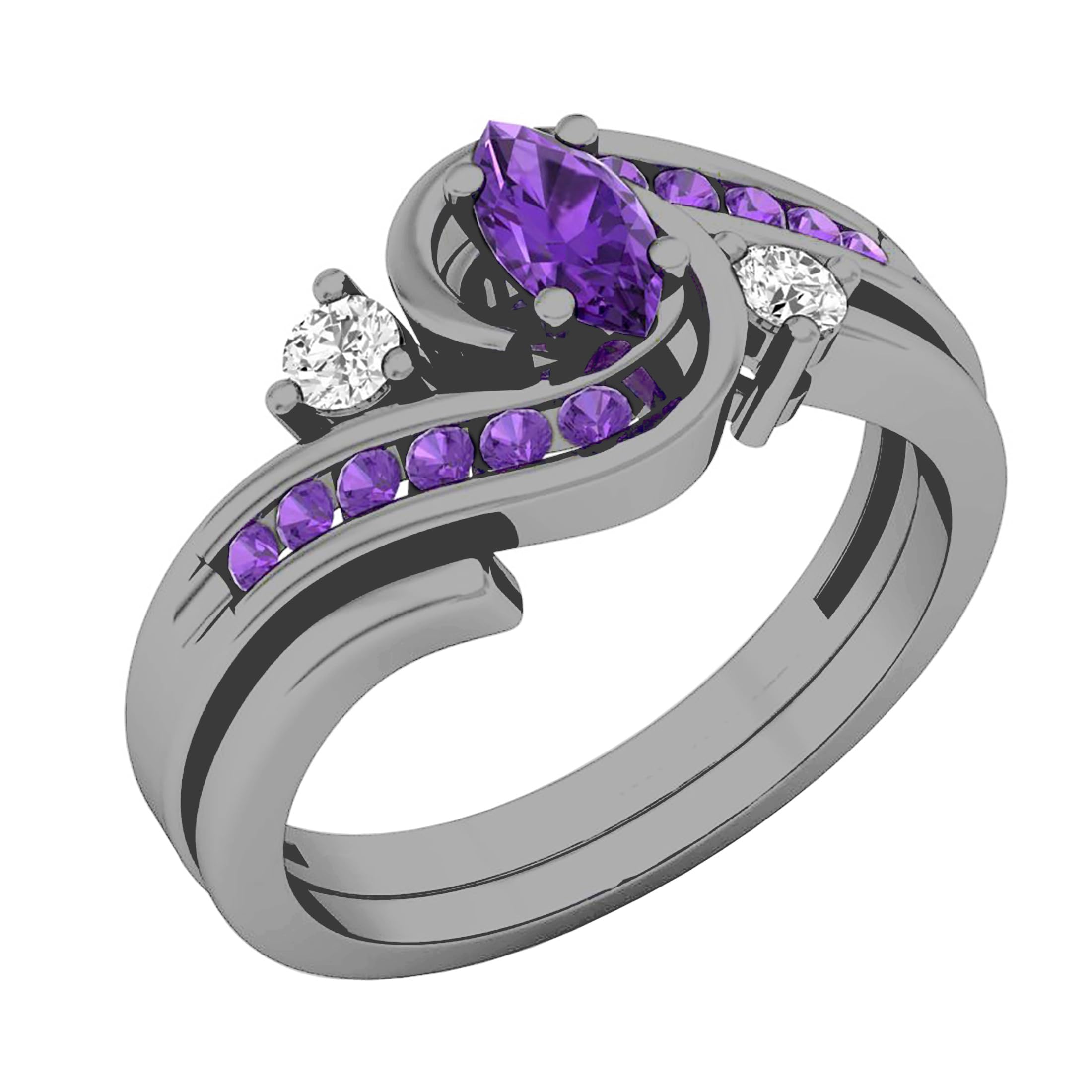 Dazzlingrock Collection Black Rhodium Plated 6X3 MM Marquise Amethyst, Round Amethyst and Diamond Set, 10K White Gold, Size 9