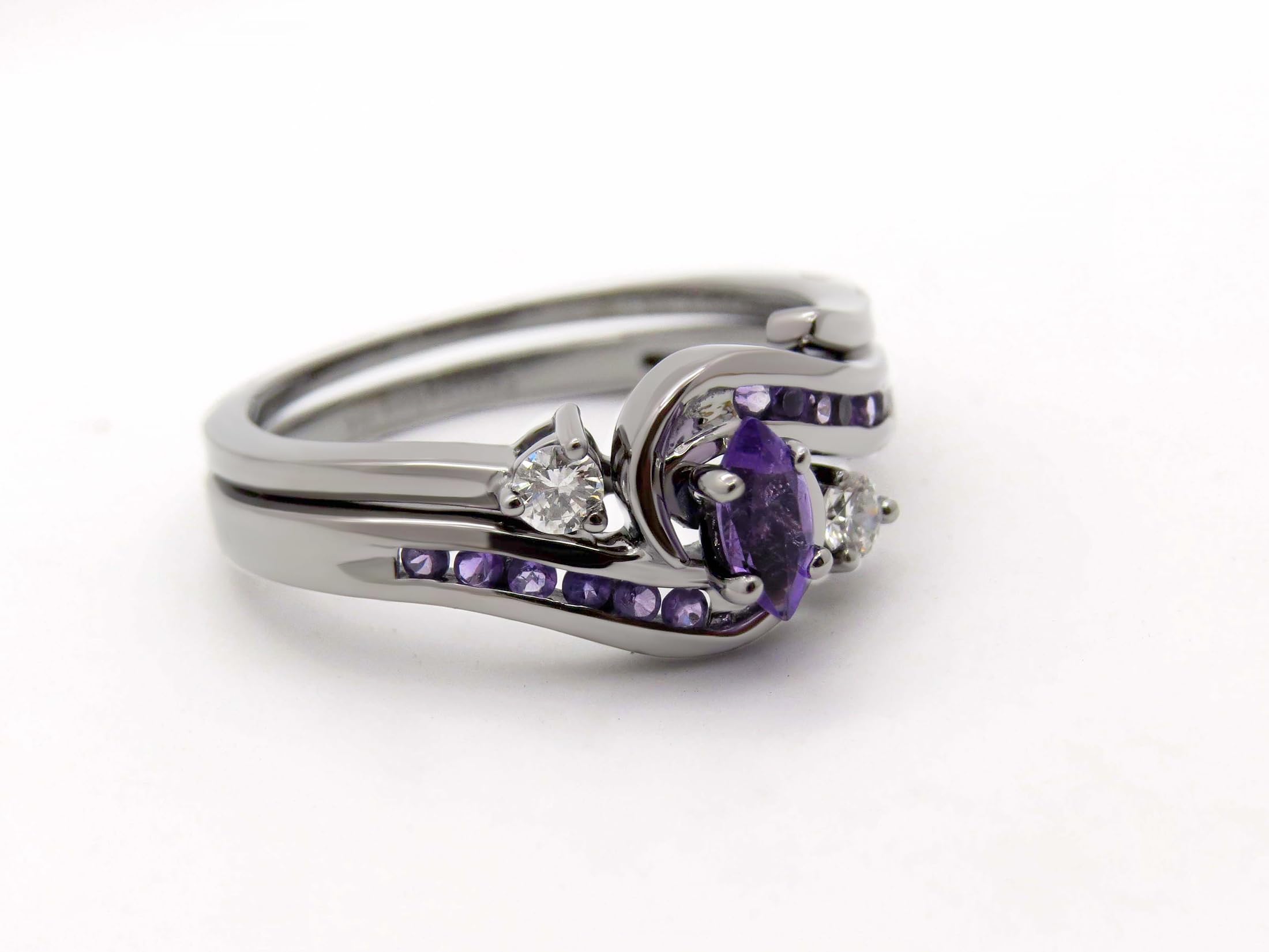 Dazzlingrock Collection Black Rhodium Plated 6X3 MM Marquise Amethyst, Round Amethyst and Diamond Set, 10K White Gold, Size 9