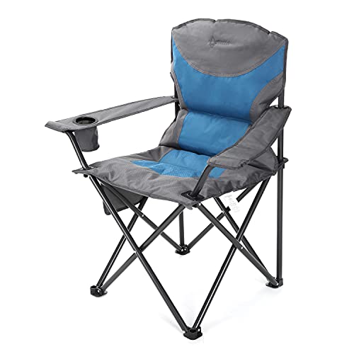 ARROWHEAD OUTDOOR Portable Folding Camping Quad Chair w/Added Ultra-Comfortable Padding, Cup-Holder, Heavy-Duty Carrying Bag, Padded Armrests, Supports up to 330lbs, USA-Based Support (Blue & Gray)