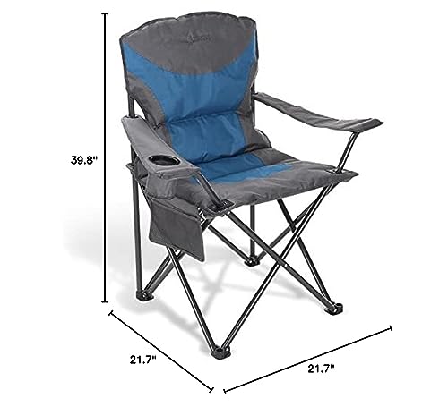 ARROWHEAD OUTDOOR Portable Folding Camping Quad Chair w/Added Ultra-Comfortable Padding, Cup-Holder, Heavy-Duty Carrying Bag, Padded Armrests, Supports up to 330lbs, USA-Based Support (Blue & Gray)