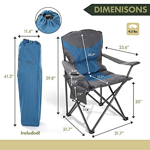 ARROWHEAD OUTDOOR Portable Folding Camping Quad Chair w/Added Ultra-Comfortable Padding, Cup-Holder, Heavy-Duty Carrying Bag, Padded Armrests, Supports up to 330lbs, USA-Based Support (Blue & Gray)