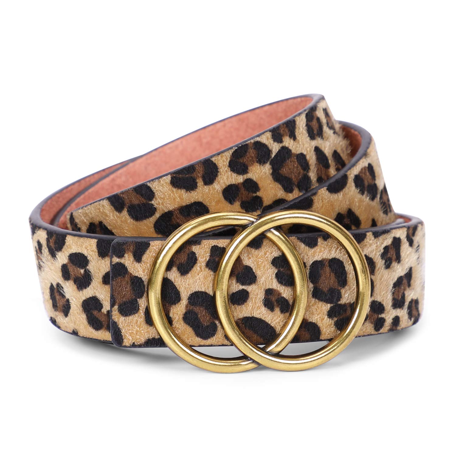 SANSTHS Womens Leopard Belt with Removable Gold Double Ring Buckle for Jeans, L