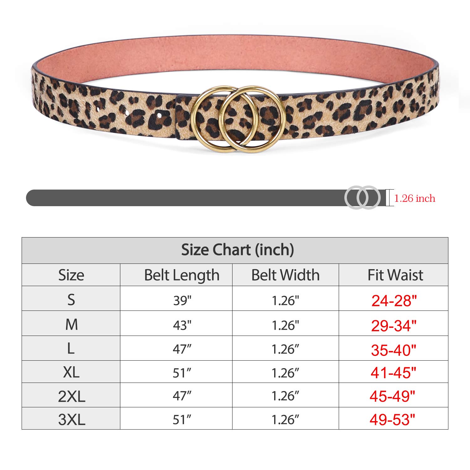 SANSTHS Womens Leopard Belt with Removable Gold Double Ring Buckle for Jeans, L