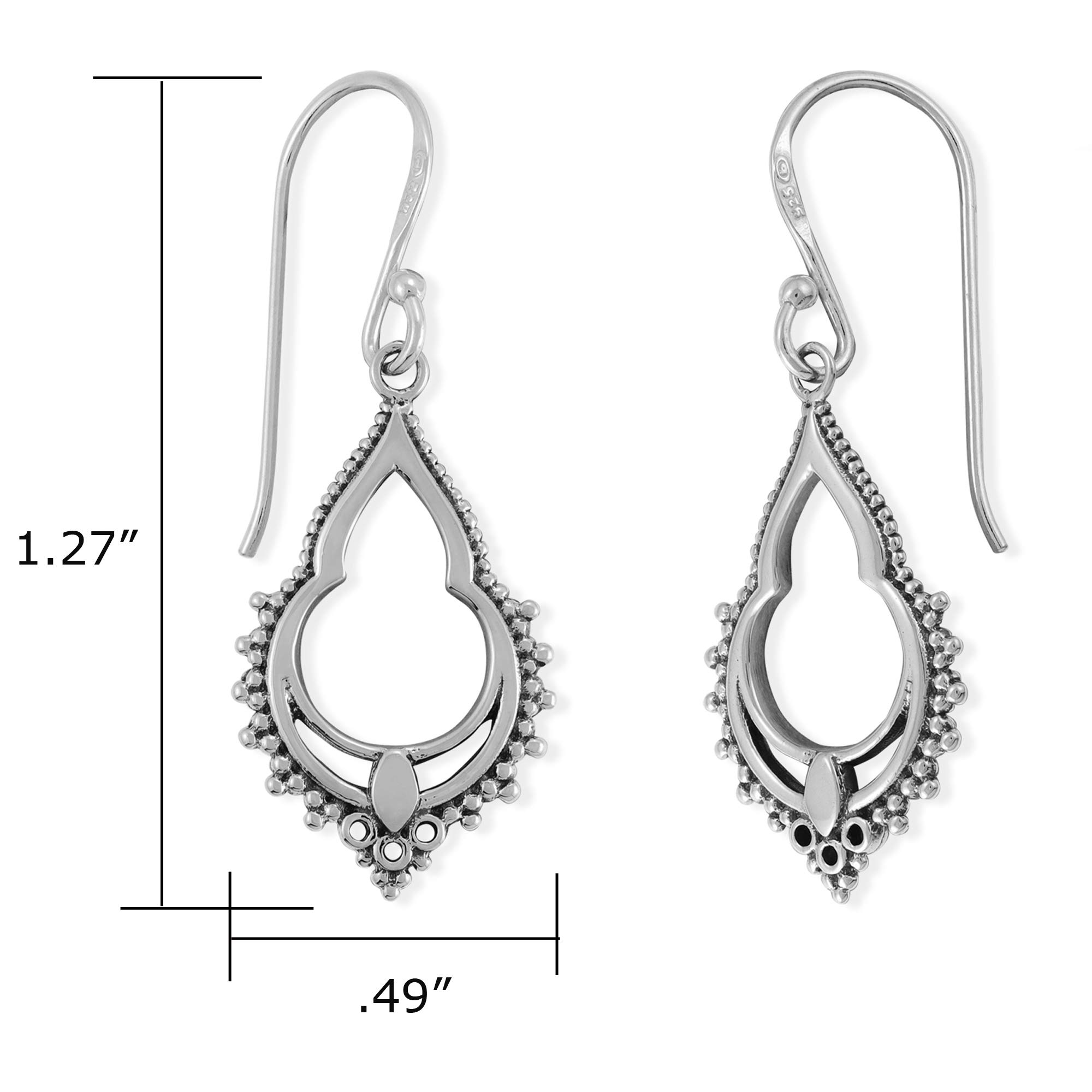 Boma Jewelry Sterling Silver Bali Style Boho Oxidized Beaded Texture Teardrop Dangle Earrings