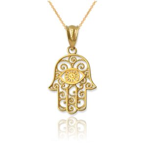 la blingz 10k yellow gold hamsa evil eye filigree charm necklace (20" necklace)