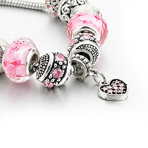 Long Way Silver Tone Chain Pink Crystal Love Heart Bead Glass Charm Bracelet With Extender 7.5"+1.5" … (201)