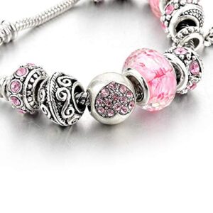 Long Way Silver Tone Chain Pink Crystal Love Heart Bead Glass Charm Bracelet With Extender 7.5"+1.5" … (201)