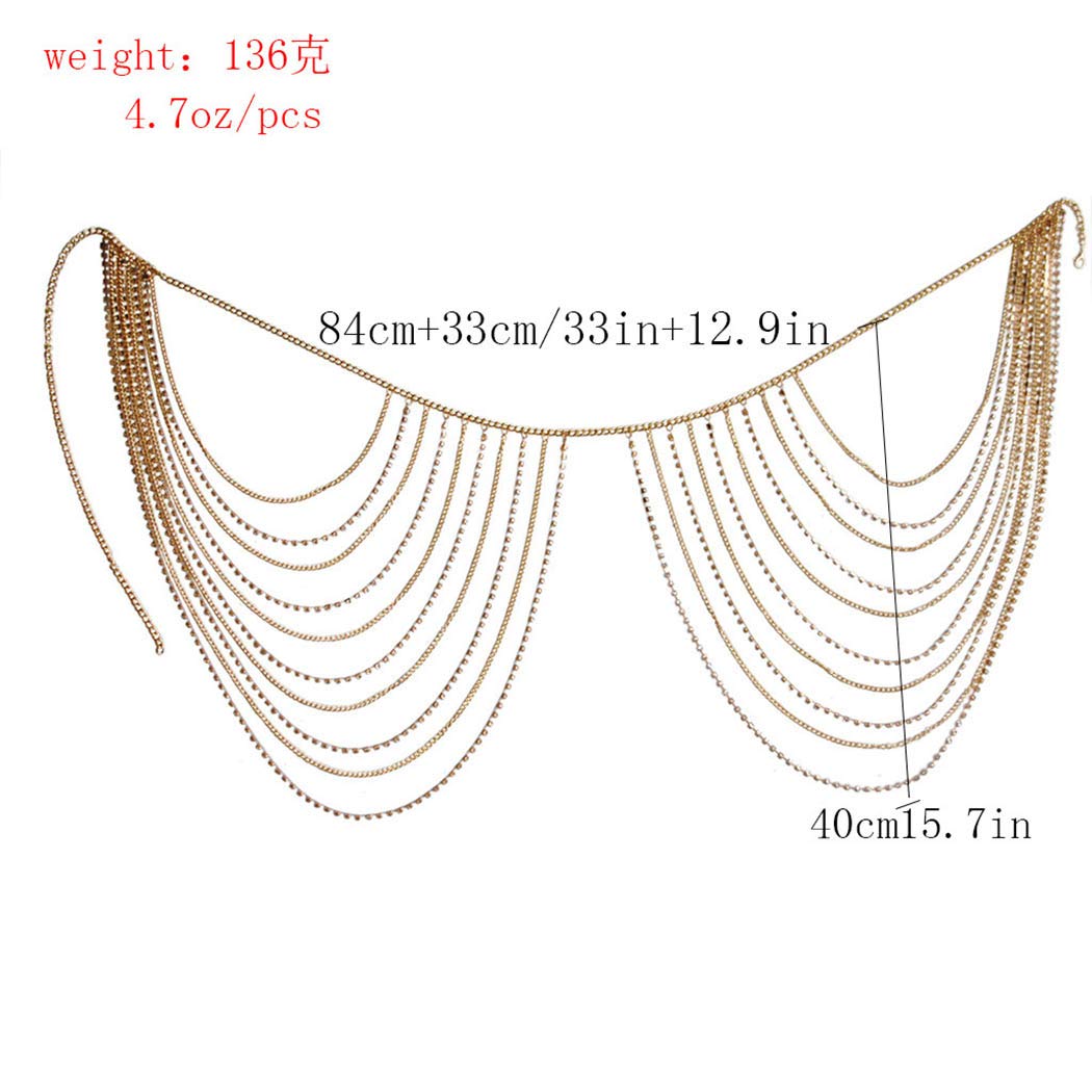 Asooll Sexy Multi-Layered Crystal Leg Body Chains Fashion Sparkly Belly Hip Skirts Tassel Waist Chains for Women and Girls (Gold)