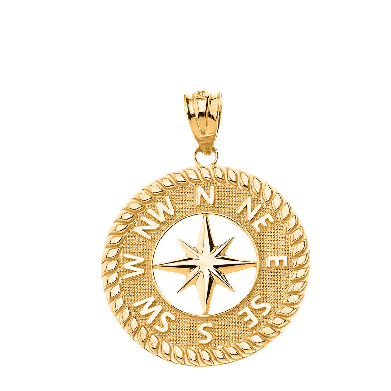 Certified 14k Yellow Gold Round Compass Navigation Starburst Pendant