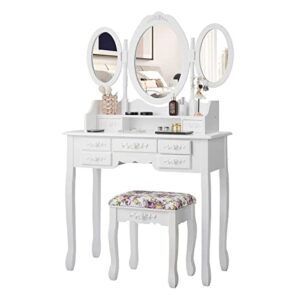 charmaid vanity set with tri-folding mirror and cushioned stool, dressing table with 7 drawers and a shelf, antique makeup table with removable top, vintage makeup vanity set for women girls (white)