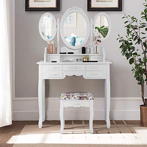 CHARMAID Vanity Set with Tri-Folding Mirror and Cushioned Stool, Dressing Table with 7 Drawers and a Shelf, Antique Makeup Table with Removable Top, Vintage Makeup Vanity Set for Women Girls (White)