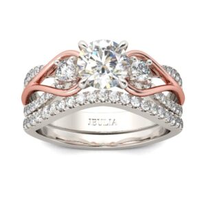 jeulia two tone rings for women rose gold three stone round cut engagement rings sterling silver halo bridal ring set anniversary promise wedding ring with jewelry gift box (7)