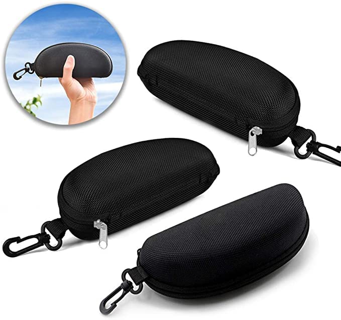 alladaga 3 Pack Zipper Shell Eyeglasses and Sunglasses Case with Plastic Carabiner Hook (Black)