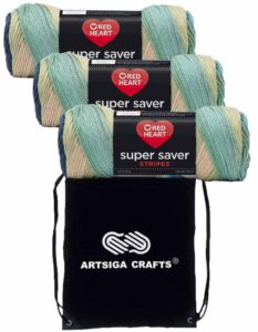 red heart super saver sutherland stripes e300-4381 (3-skeins - same dye lot) worsted medium #4 acrylic yarn for crocheting and knitting - bundle with 1 artsiga crafts project bag