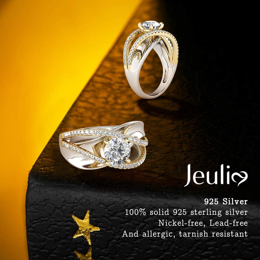 Jeulia Engagement Rings for Women Sterling Silver Two Tone Gold Bridal Sets Crossover Round Engagement Ring Sets Cubic Zirconia Anniverdary Promise with Jewelry Gift Box (6)