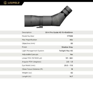 Leupold SX-4 Pro Guide HD 15-45x65mm Spotting Scope - Angled Eyepiece