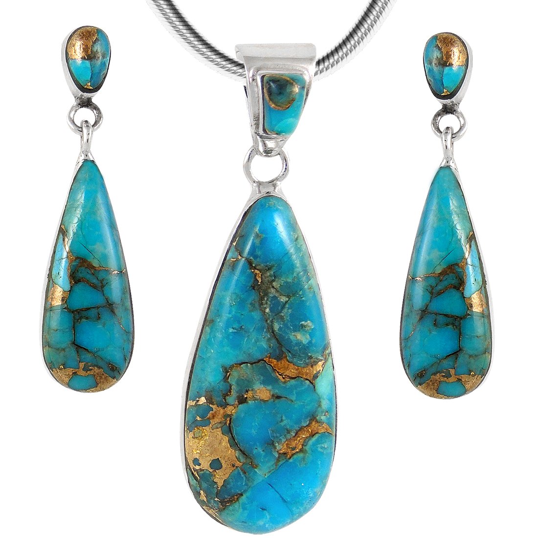 Sterling Silver Genuine Turquoise Necklace & Earrings Matching Set (Teal/Matrix Turquoise)