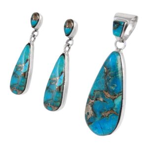 Sterling Silver Genuine Turquoise Necklace & Earrings Matching Set (Teal/Matrix Turquoise)