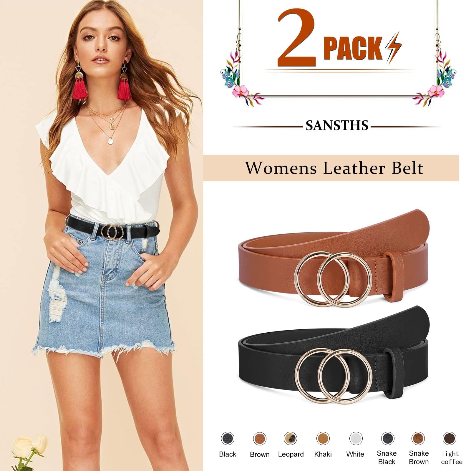 SANSTHS 2 Pack Women Leather Belts Faux Leather Jeans Belt with Double O Ring Buckle Black Brown S