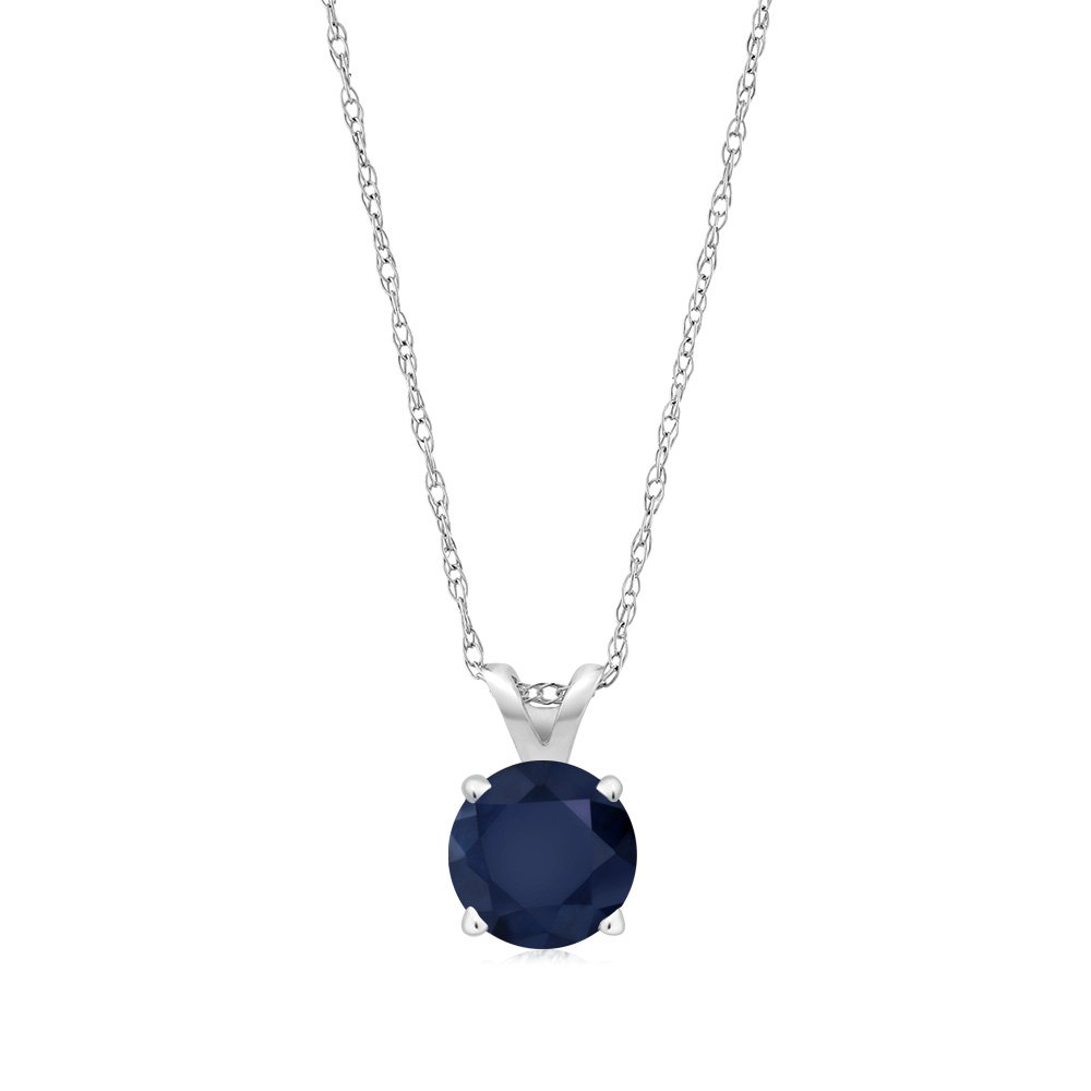 Gem Stone King 14K White Gold Blue Sapphire Pendant Necklace For Women (1.00 Ct Round 6MM, Gemstone Birthstone with 18 Inch Chain)