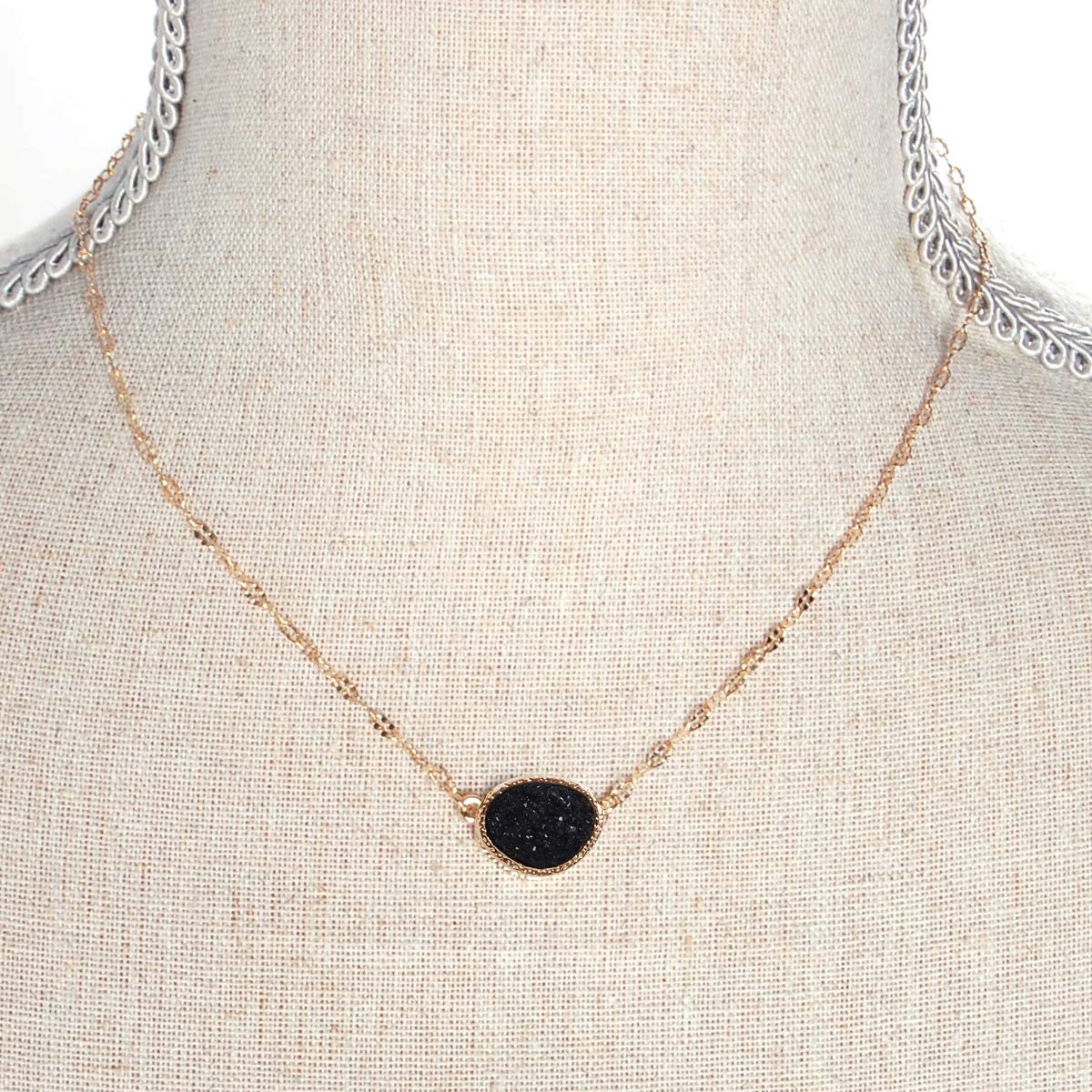 Humble Chic Simulated Druzy Delicate Necklace for Women - Boho Dainty Chain-Link Simple Pendant - Bohemian Sparkly Created Geode Charm, Gold - Black Stone