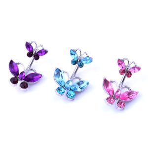 lenacou 3pcs belly button rings 14g surgical steel butterfly cubic zirconia navel piercing jewelry