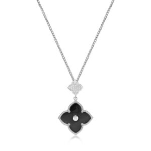 black onyx and cubic zirconia double flower pendant necklace for women in 925 sterling silver 16 to 18 inches adjustable spring ring by lavari jewelers