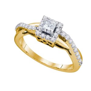 the-diamond- deal 14kt yellow -gold womens princess -diamond- solitaire halo-bridal-wedding-engagement-ring 1/2 cttw