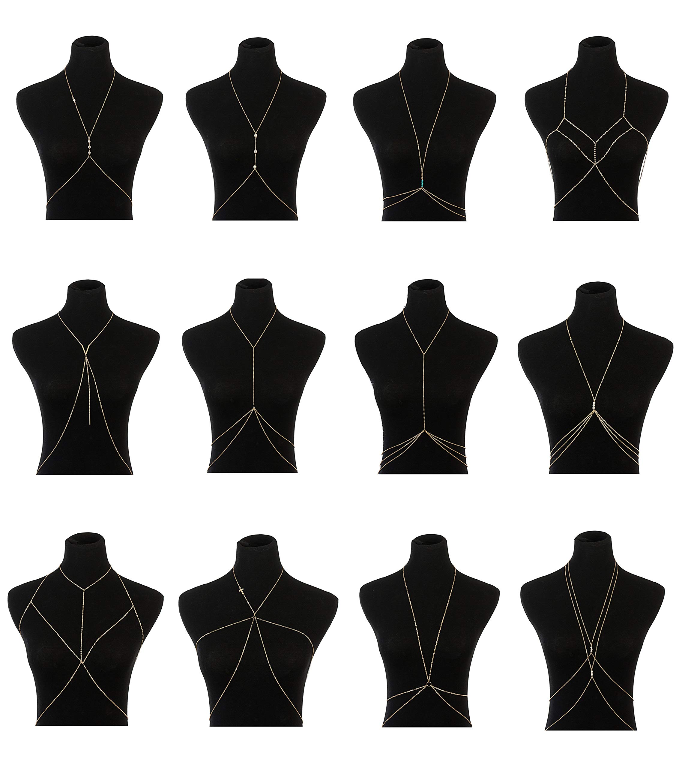 Vegolita 12Pcs Body Chains for Women Beach Bikini Waist Belly Chain Jewelry Necklace Gold tone