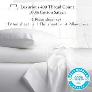 California Design Den 6-Pc Queen Size Sheet Set with 4 Pillowcases - 400 Thread Count 100% Cotton Sheets, Cooling Sateen Weave, Luxury Deep Pocket Bedsheets Set - Bright White