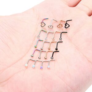 Ruifan 20PCS 20G 316L Surgical Steel Top Ball Opal CZ Heart Curved Nose Stud Ring L Shaped Piercing Jewelry