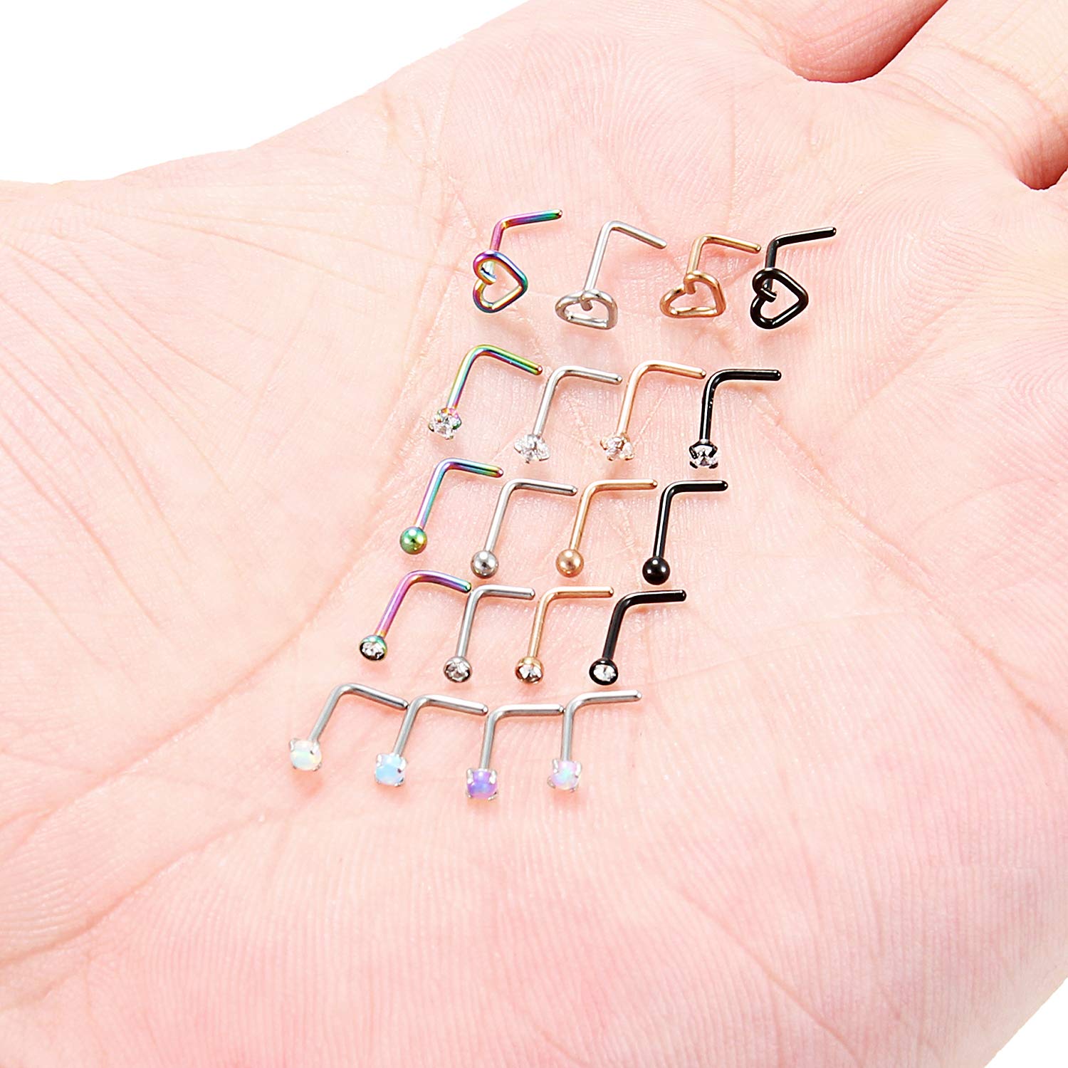 Ruifan 20PCS 20G 316L Surgical Steel Top Ball Opal CZ Heart Curved Nose Stud Ring L Shaped Piercing Jewelry