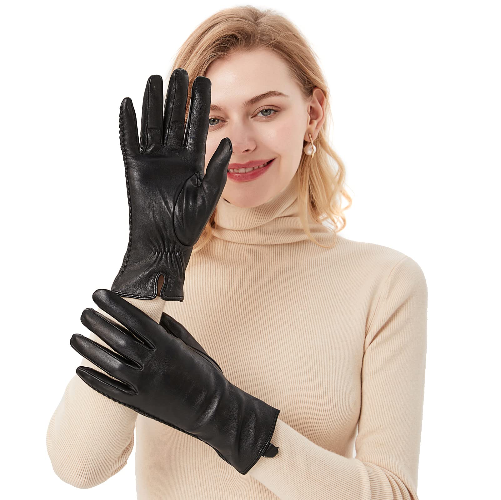 QNLYCZY Genuine Sheepskin Leather Gloves for Women, Winter Warm Touchscreen Texting Cashmere Lined Driving Dress Gloves