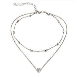 Aluinn Love Heart Layered Choker Necklace Silver Simple Beads Pendant Necklace Simple Chain jewelry for Women