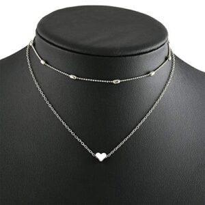 Aluinn Love Heart Layered Choker Necklace Silver Simple Beads Pendant Necklace Simple Chain jewelry for Women