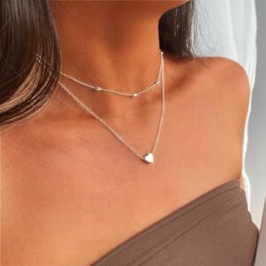 Aluinn Love Heart Layered Choker Necklace Silver Simple Beads Pendant Necklace Simple Chain jewelry for Women