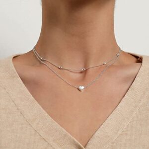 Aluinn Love Heart Layered Choker Necklace Silver Simple Beads Pendant Necklace Simple Chain jewelry for Women