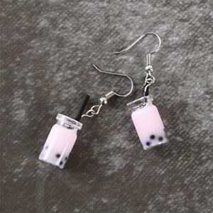 CH Cute Pearl Milk Tea Dangle Earrings Funny Earrings for Women Girls Valentine's Day Earrings,Pink