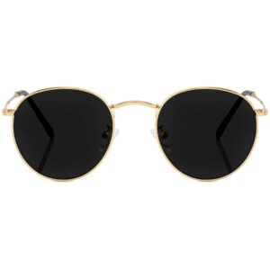 kursan small round metal polarized sunglasses for men women mirrored lens classic circle sun glasses (gold frame/black lens)