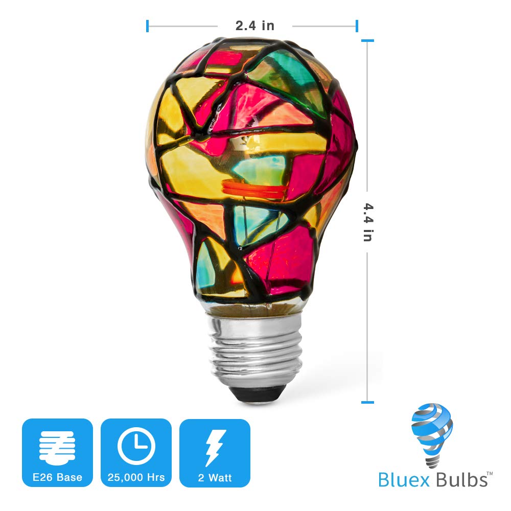 2 Pack LED Stained Glass Light Bulb A19 2W (25W Equivalent) E26 Base Painted Light Bulb Night Light Mosaic Light Bulb Party Light Bulb Stainglass Light Bulb - Tiffany Light Bulbs Atained Glass