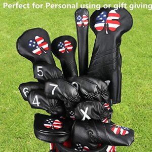 Craftsman Golf 11pcs /Set (4,5,6,7,8,9,A,S,P,L,X) USA US Flag Clover Leather Black Iron Covers Headcover