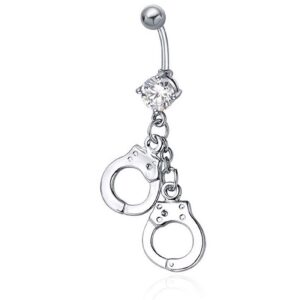 lenacou belly button rings 14g surgical steel handcuffs cz dangle navel piercing body jewelry