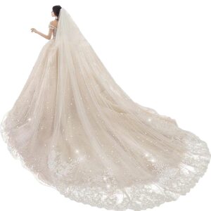 ncdims newdeve wedding veils cathedral length 2 tier long sequins lace edge blusher with comb 196" l 118" w