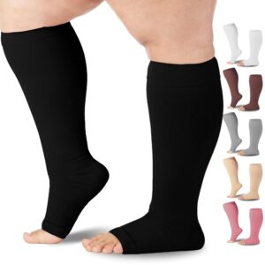 mojo compression socks for women and men 20-30 mmhg - extra wide calf medical compression stockings open toe for swelling, lymphedema, travel - black, 6x-large - ab211