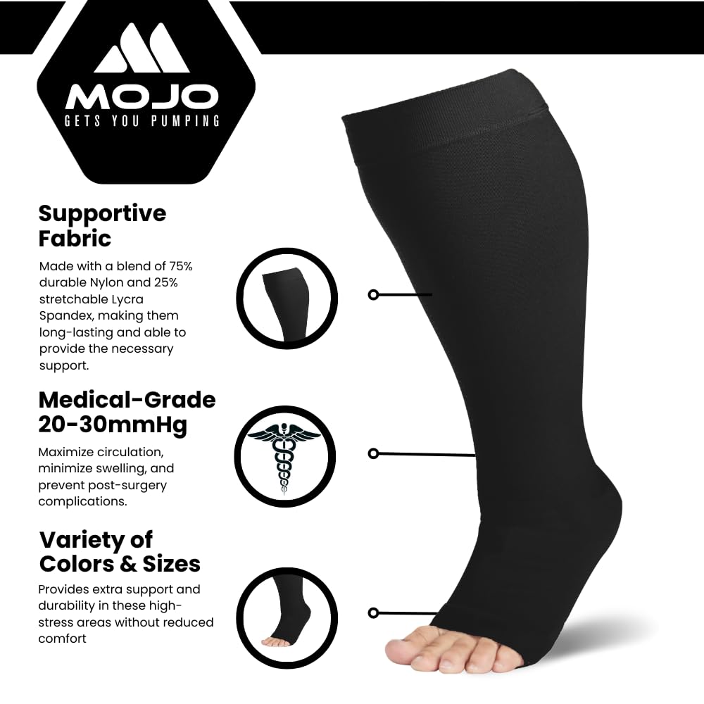 Mojo Compression Socks for Women and Men 20-30 mmHg - Extra Wide Calf Medical Compression Stockings Open Toe for Swelling, Lymphedema, Travel - Black, 6X-Large - AB211